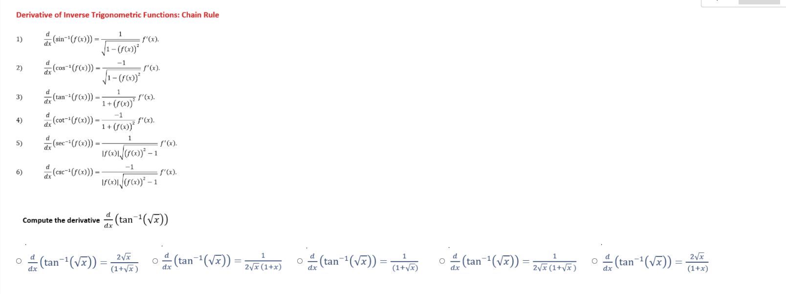 Solved Derivative of Inverse Trigonometric Functions: Chain | Chegg.com