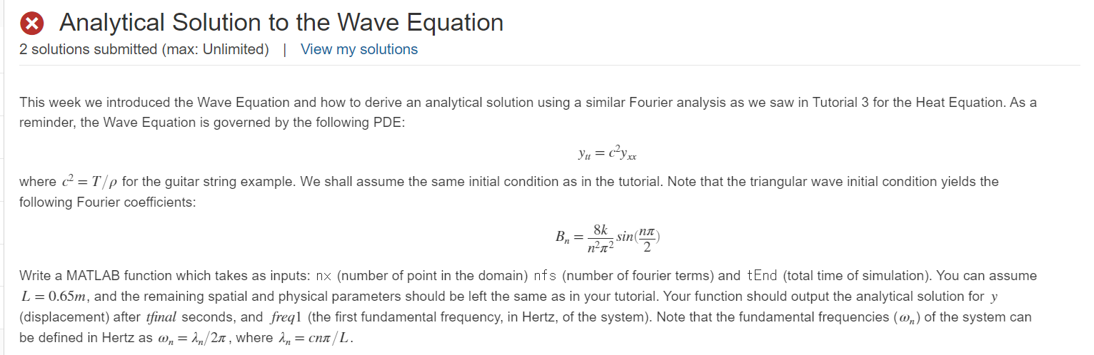 Analytical Solution to the Wave Equation 2 solutions | Chegg.com