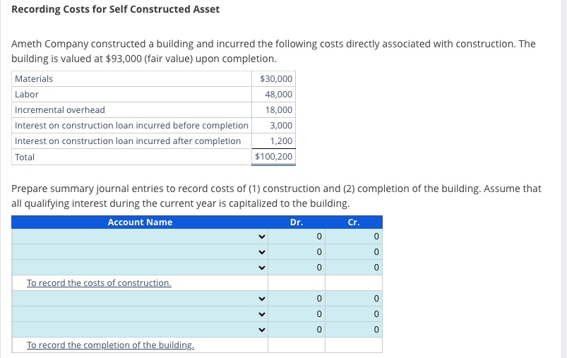 Solved Recording Costs for Self Constructed Asset Ameth | Chegg.com