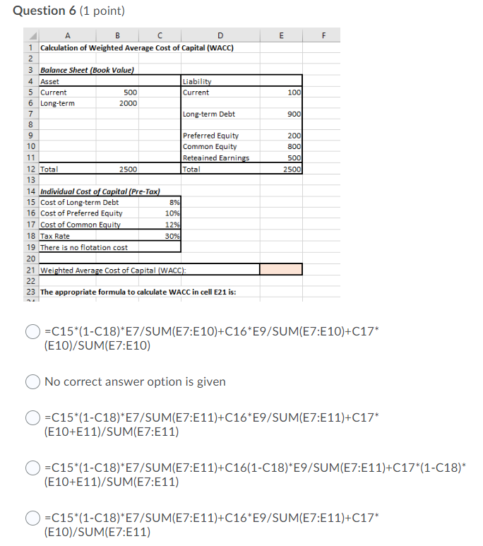 Solved Question 6 (1 point) D E F 1001 900 200 800 500 1 | Chegg.com