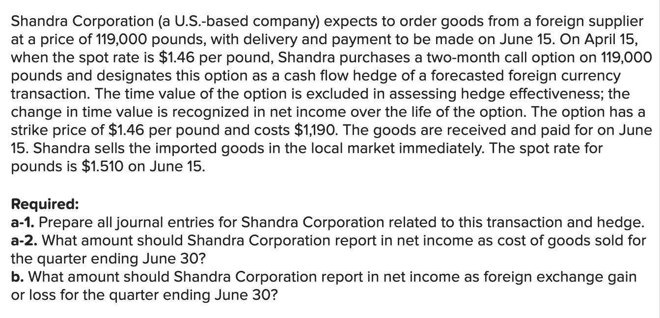 Solved Shandra Corporation (a U.S.-based company) expects to | Chegg.com