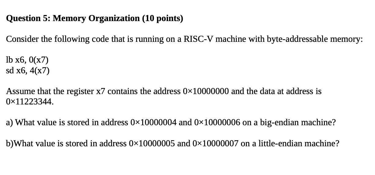 Solved Question 5: Memory Organization (10 points) Consider | Chegg.com