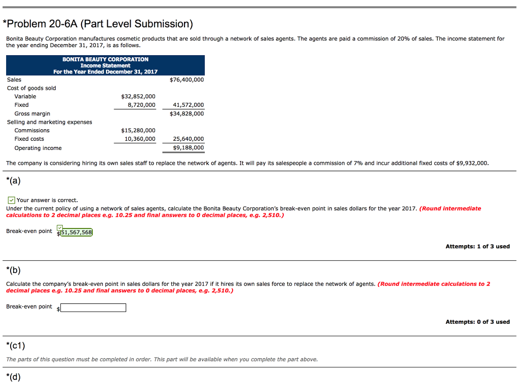 Solved Problem 20-6A (Part Level Submission) Bonita Beauty | Chegg.com