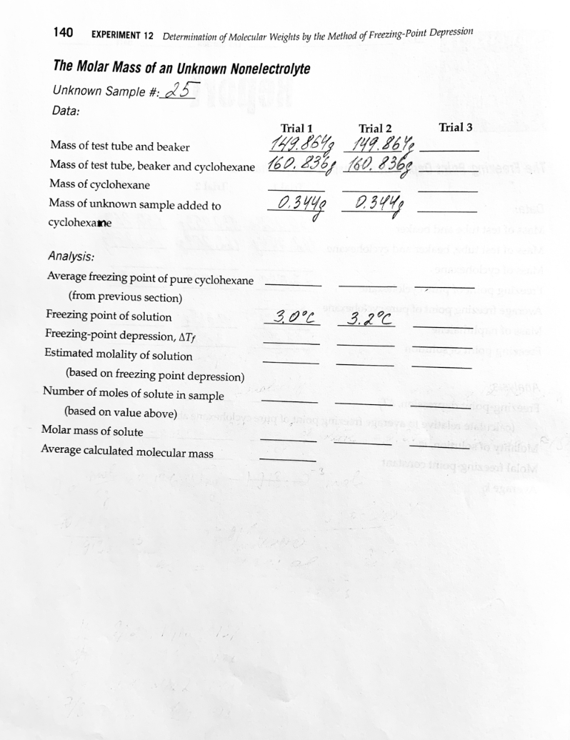 Solved EXERCISE 12 NAME LAB SECTION DATE Report The Freezing | Chegg.com