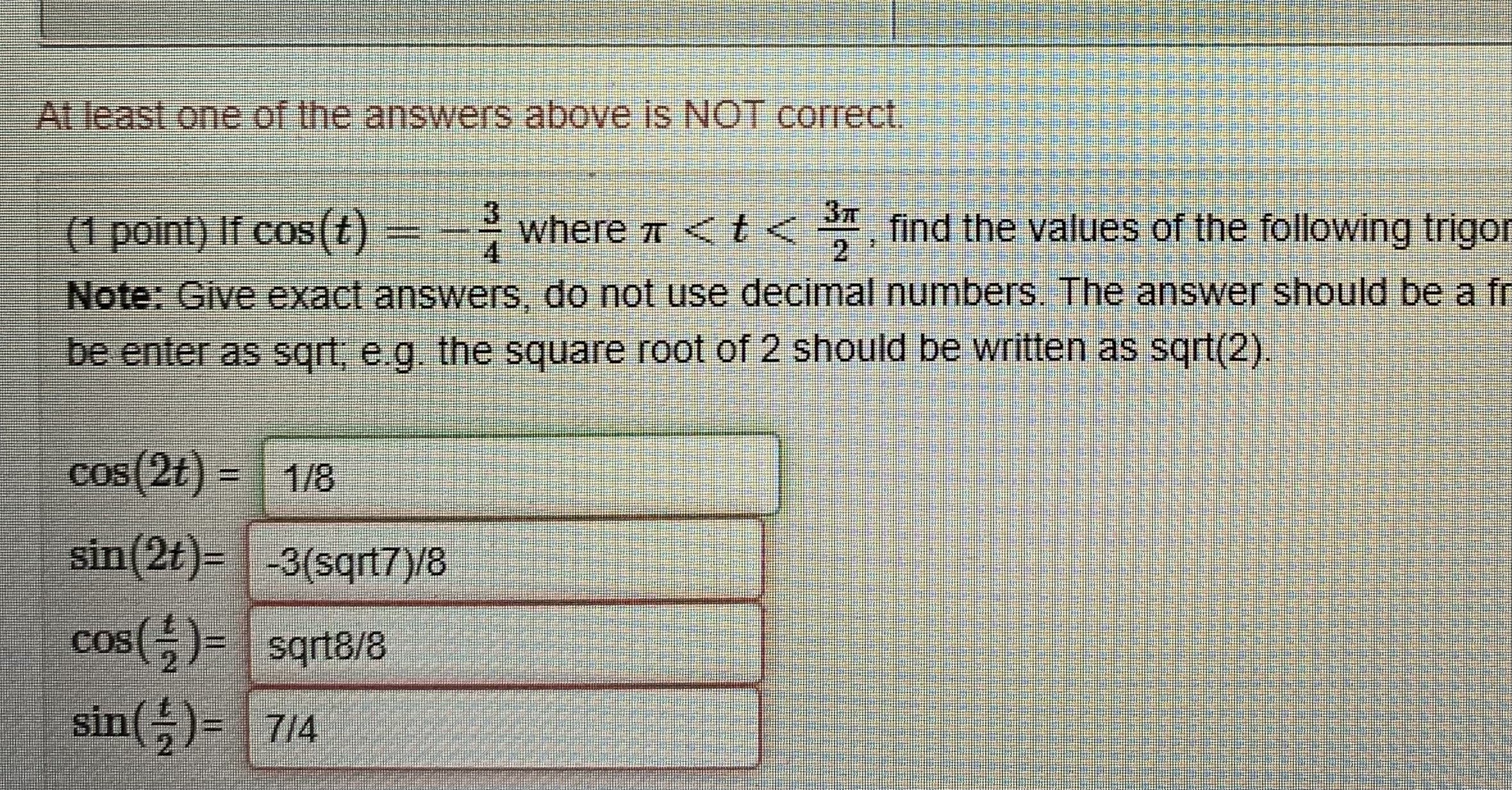 Solved (1 point) If cos(t)=−43 where π | Chegg.com