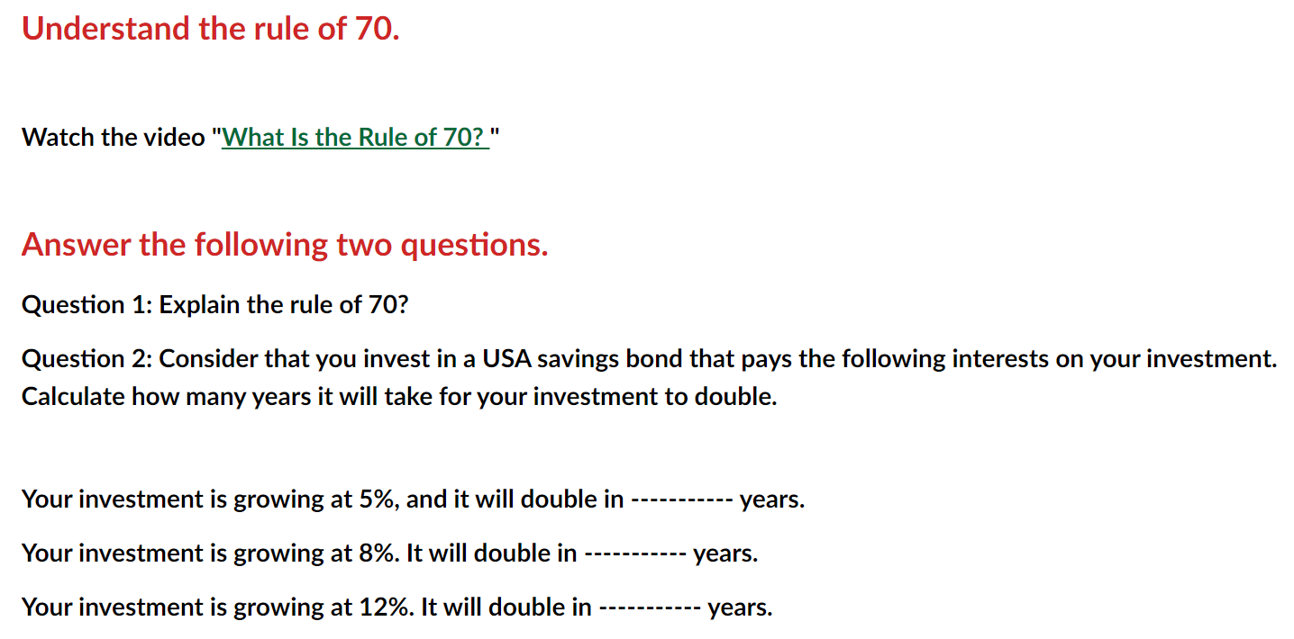 Solved Understand the rule of 70. Watch the video "What Is | Chegg.com