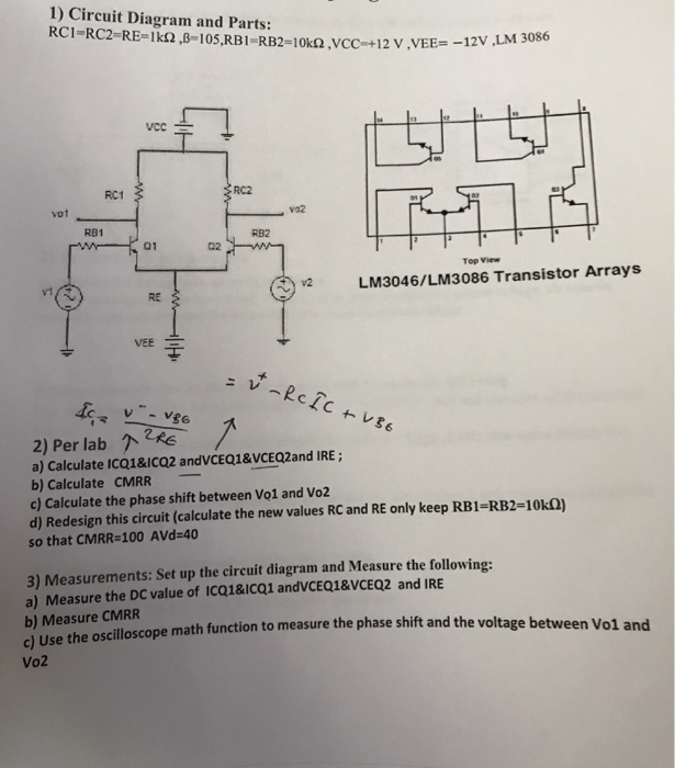 Solved Circuit Diagram and Parts: RC1 = RC2 = RE = 1 k ohm, | Chegg.com