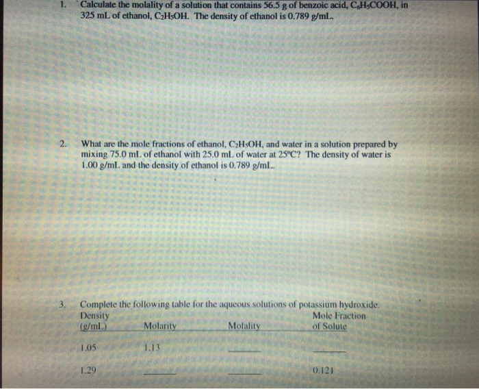 Solved 1. Calculate the molality of a solution that contains | Chegg.com