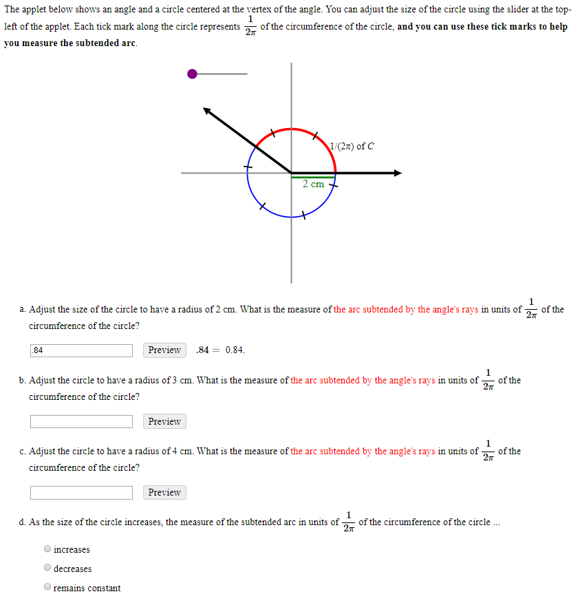 Solved The applet below shows an angle and a circle centered | Chegg.com