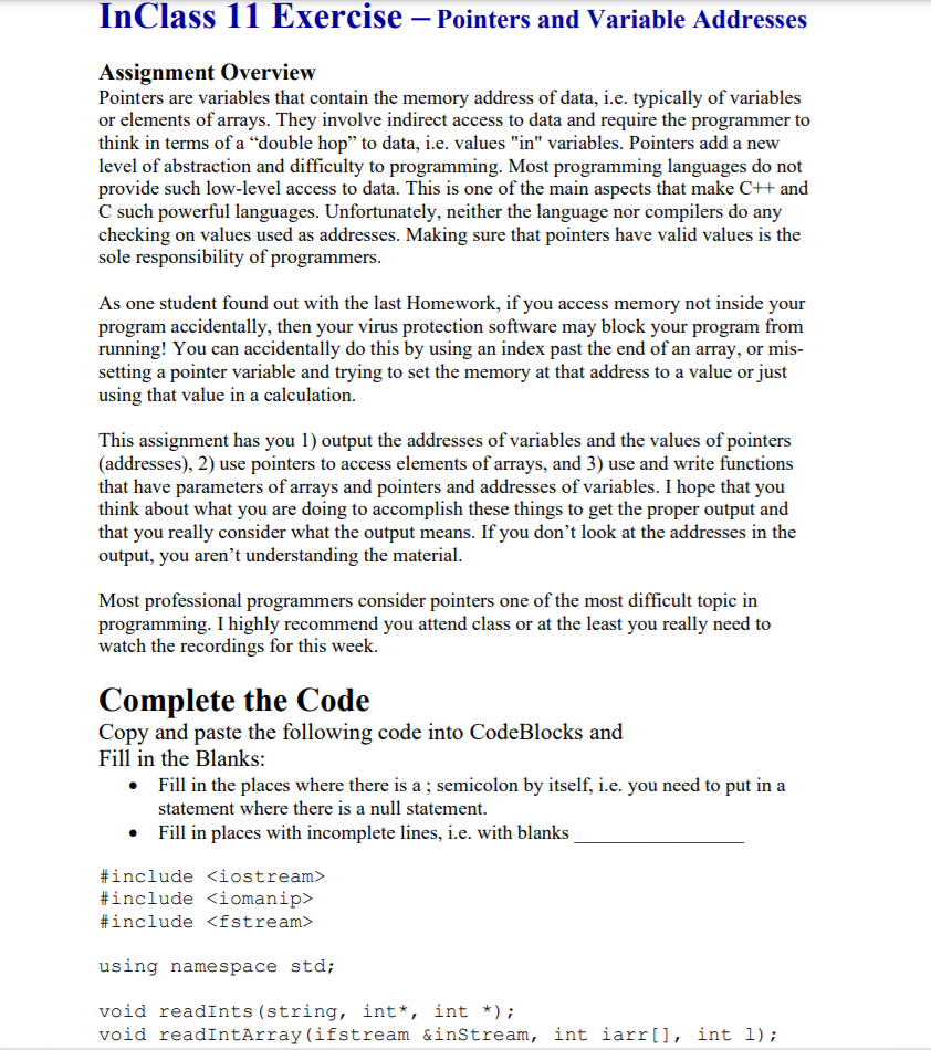 Solved InClass 11 Exercise - Pointers and Variable Addresses | Chegg.com