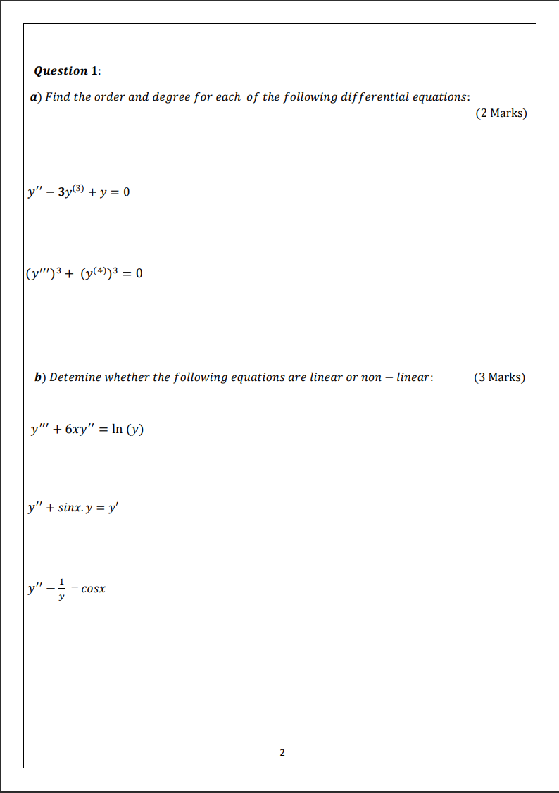 Solved Question 1: a) Find the order and degree for each of | Chegg.com
