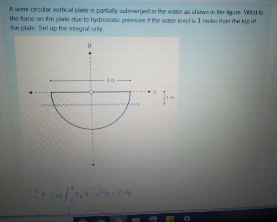 Solved A semi-circular vertical plate is partially submerged | Chegg.com