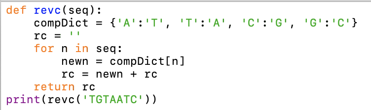 Solved def revc(seq): compDict = {'A':'T', 'T':'A', 'c':'G', | Chegg.com