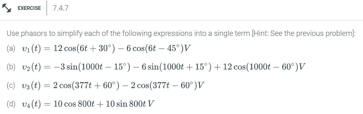 Solved Use phasors to simplify each of the following | Chegg.com