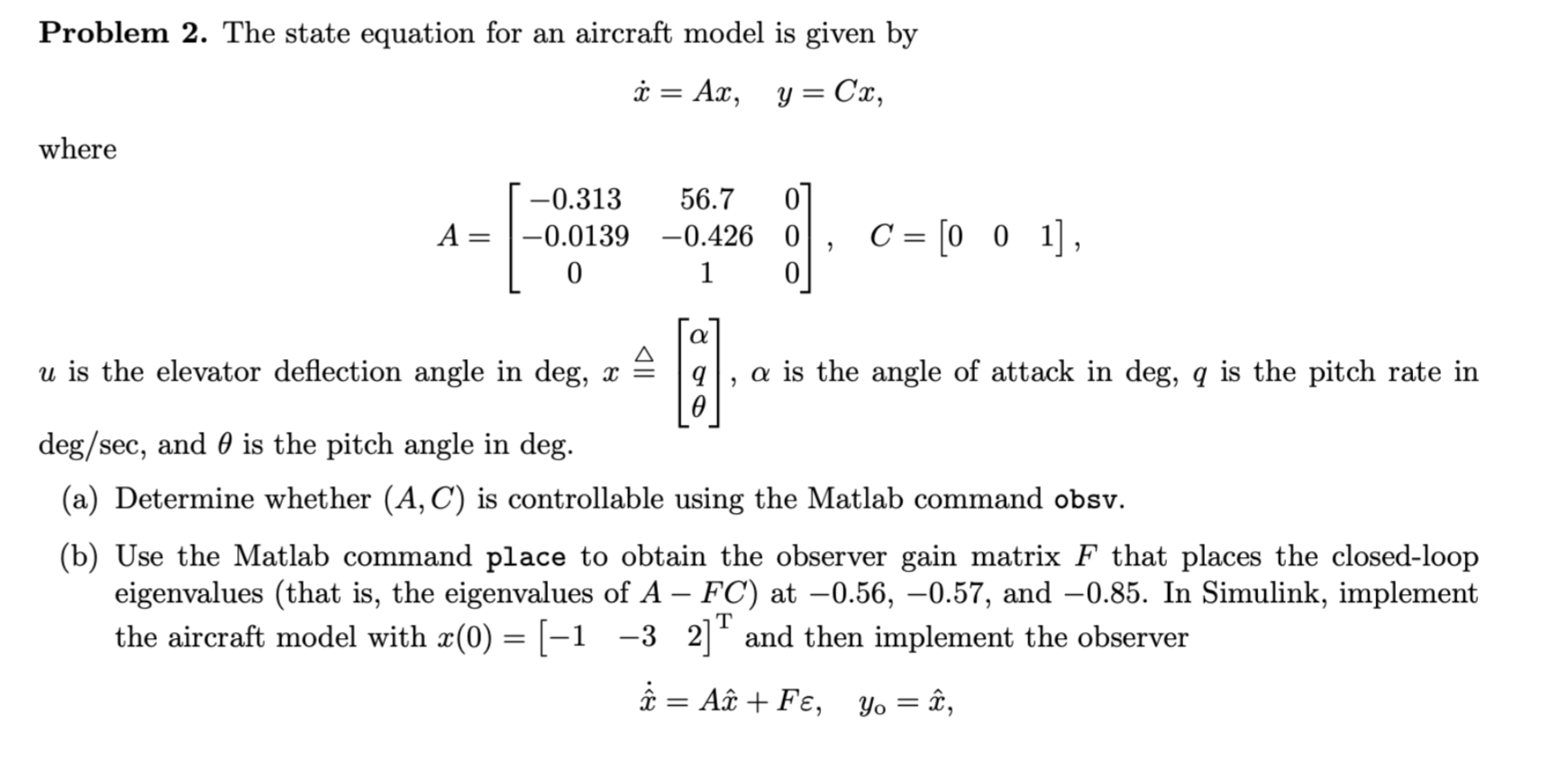 Problem 2. The state equation for an aircraft model | Chegg.com