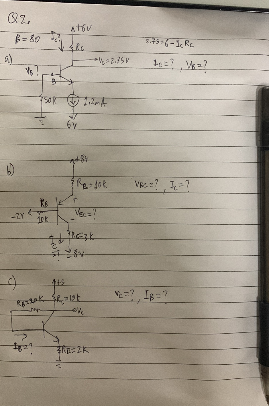 Solved 2.75IC=6−ICRC=?,VB=? VBC=?,IC= ? vC=?,IB=? | Chegg.com