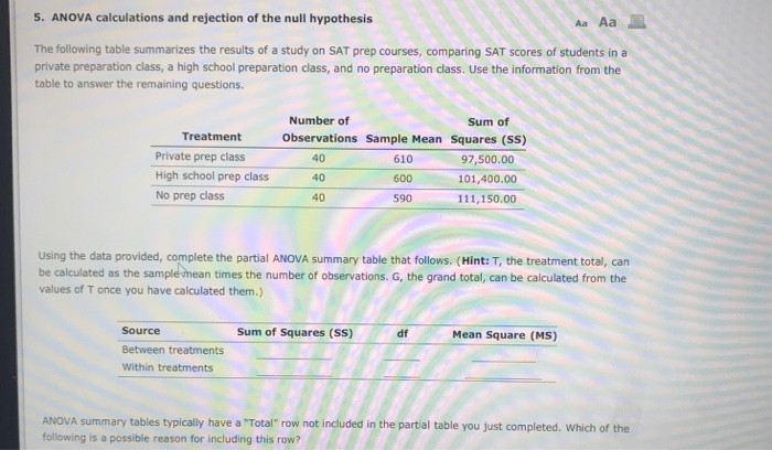 Solved 5. ANOVA calculations and rejection of the null | Chegg.com