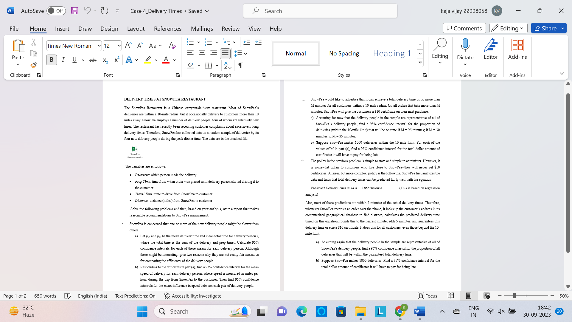 DELIVERY TIMES AT SNOWPEA RESTAURANT The SnowPea | Chegg.com