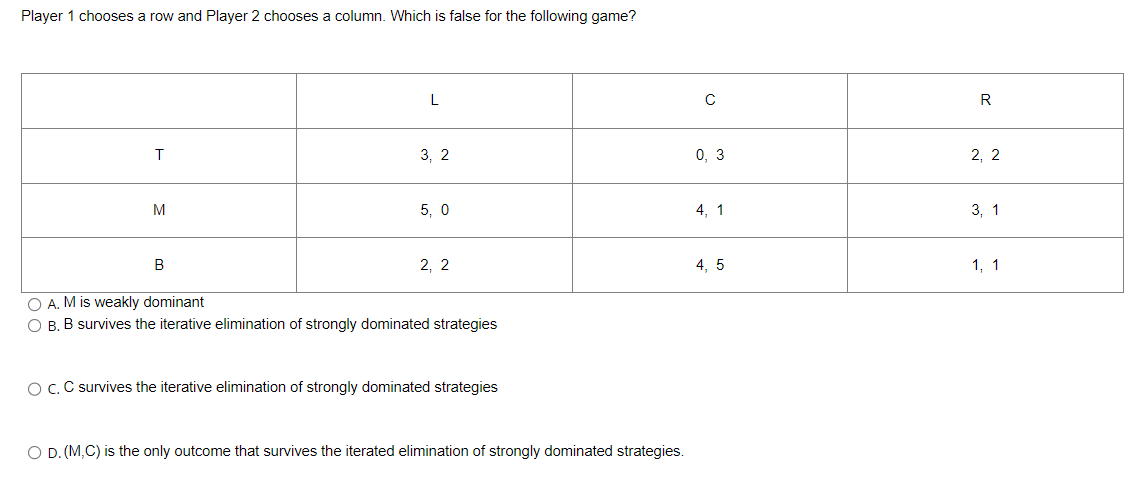 Solved Player 1 chooses a row and Player 2 chooses a column. | Chegg.com