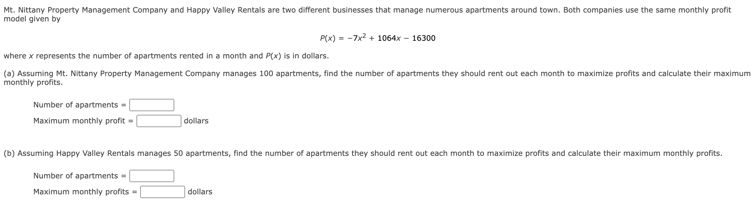Solved P(x)=−7x2+1064x−16300 where x represents the number | Chegg.com