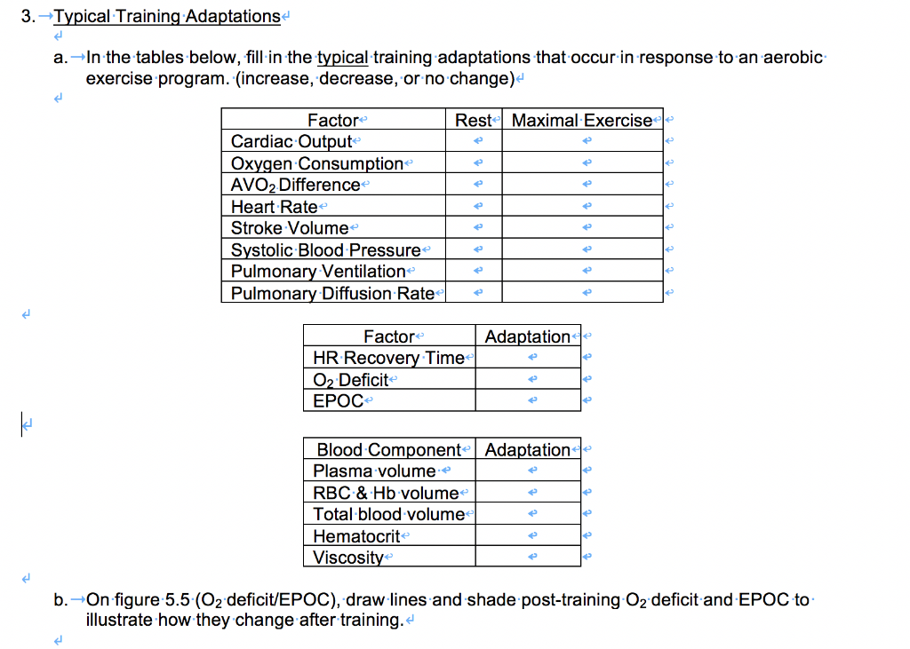 3. Typical Training Adaptations الب a. In the tables | Chegg.com