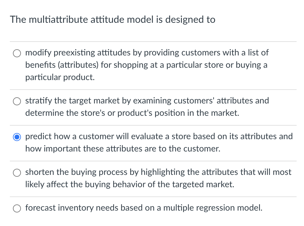 Solved The multiattribute attitude model is designed to | Chegg.com