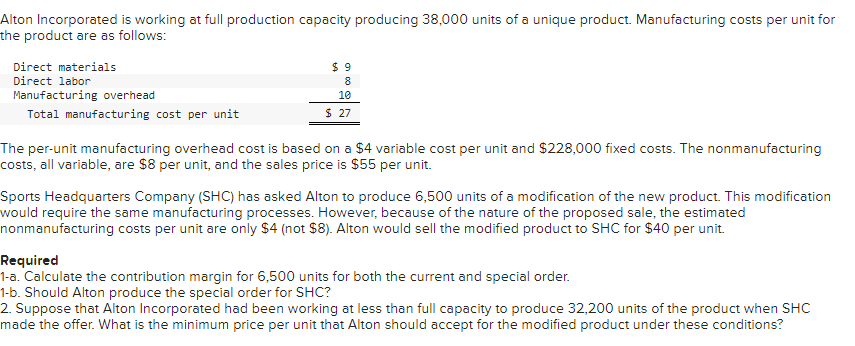 Solved Alton Incorporated is working at full production | Chegg.com