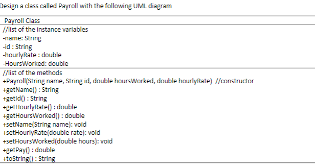 Solved HELP WITH WRITING A JAVA CODE FOR PAYROLL CLASS (JAVA | Chegg.com