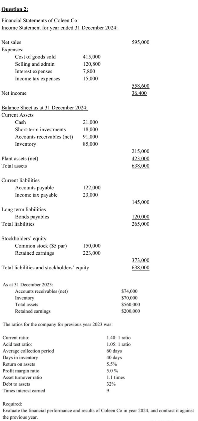 Solved Question 2: Financial Statements of Coleen Co: Income | Chegg.com