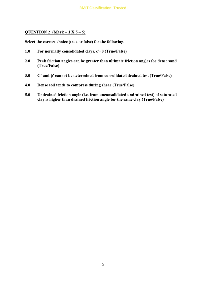 Solved RMIT Classification: Trusted QUESTION 2 (Mark=1 X 5= | Chegg.com