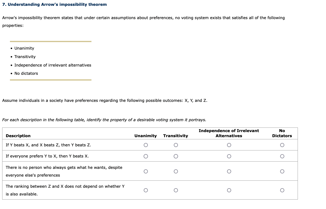 Solved 7. Understanding Arrow's impossibility theorem | Chegg.com