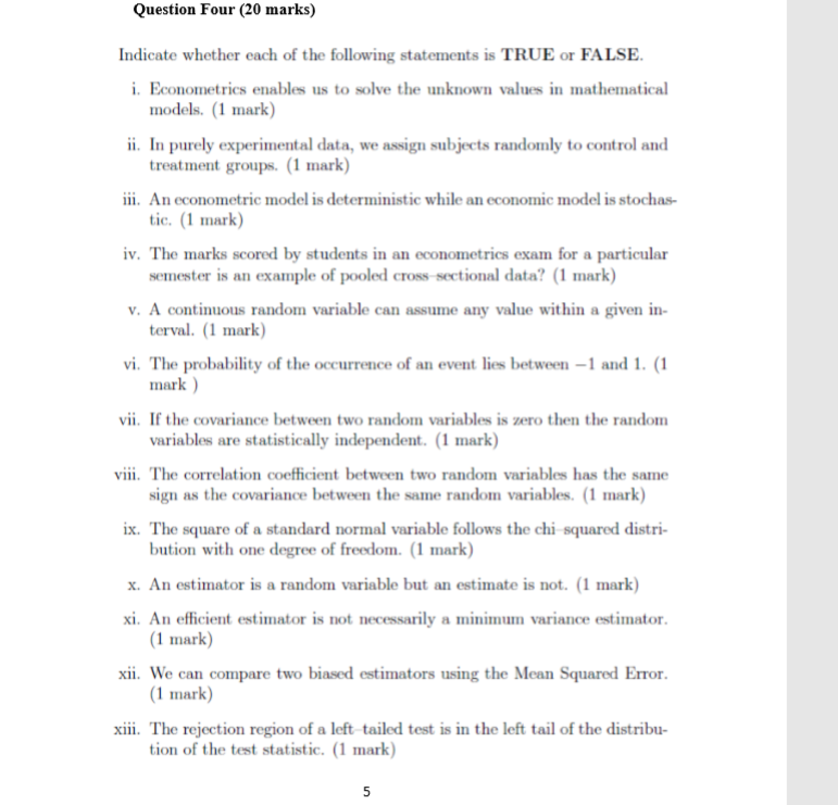 Solved Question Four ( 20 marks) Indicate whether each of | Chegg.com