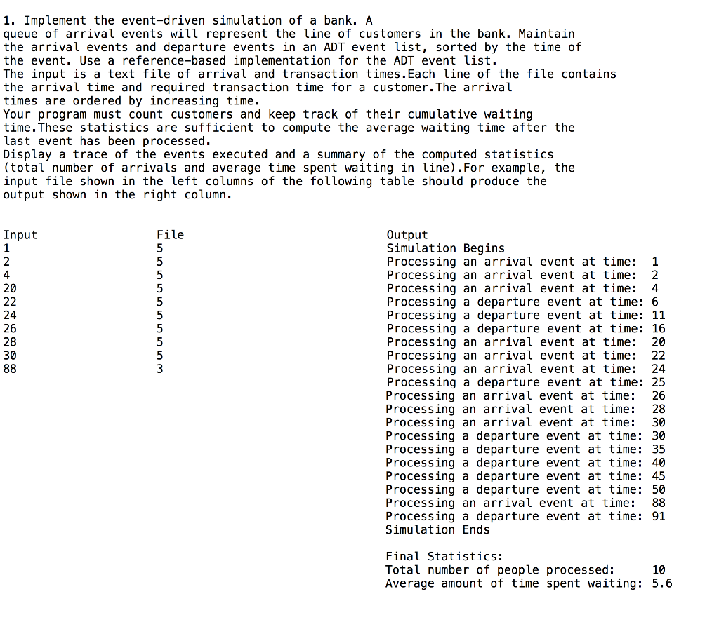 Solved 1. Implement the event-driven simulation of a bank. A | Chegg.com