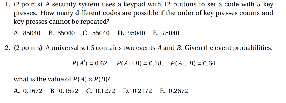 Solved 1. (2 points) A security system uses a keypad with 12 | Chegg.com