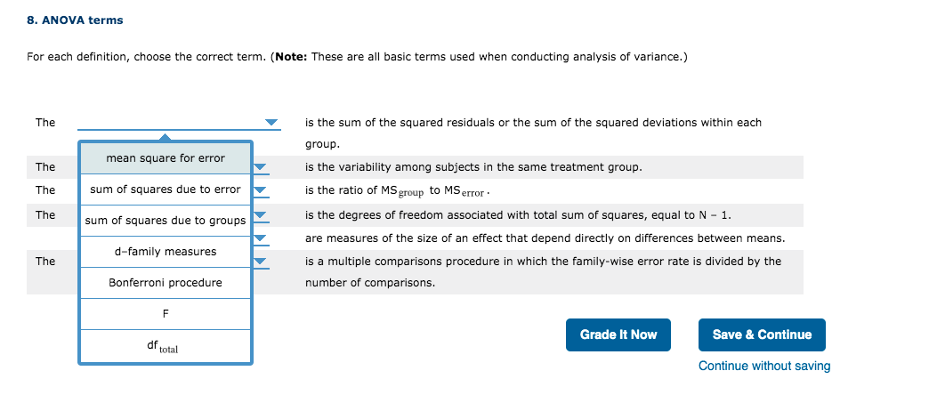 Solved 8. ANOVA terms For each definition, choose the | Chegg.com