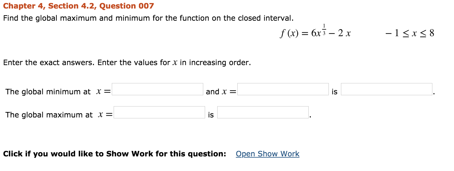 Solved Chapter 4, Section 4.2, Question 007 Find the global | Chegg.com