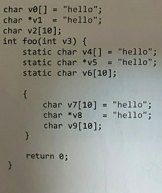 char vo[] = "hello"; char *v1 = "hello"; char v2[10]; | Chegg.com