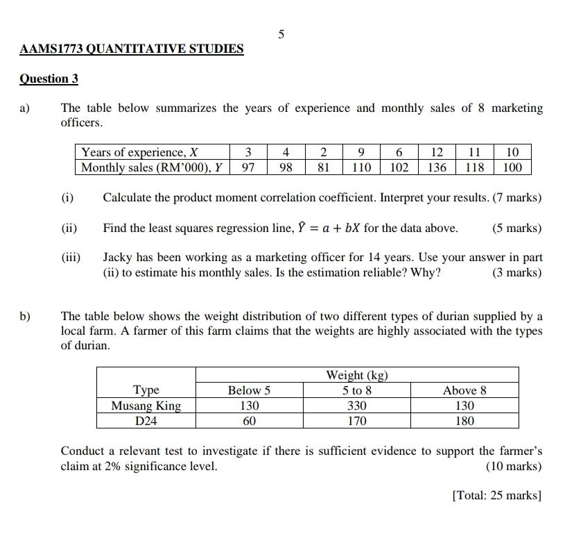 Solved 5 AAMS1773 QUANTITATIVE STUDIES Question 3 a) The | Chegg.com