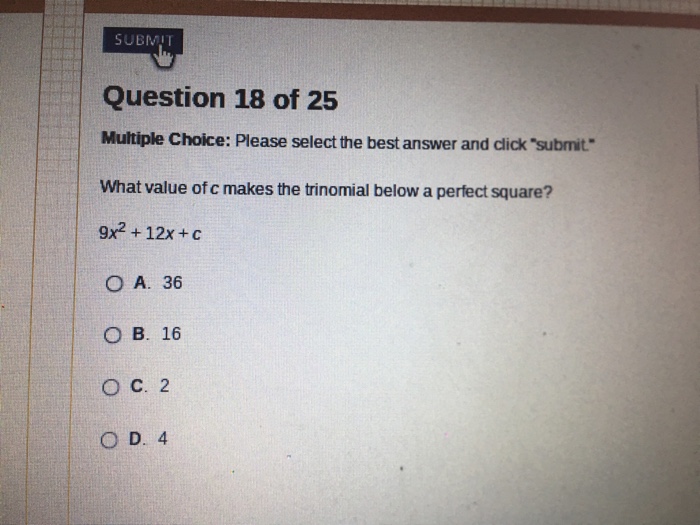 Solved What value of c makes the trinomial below a perfect | Chegg.com