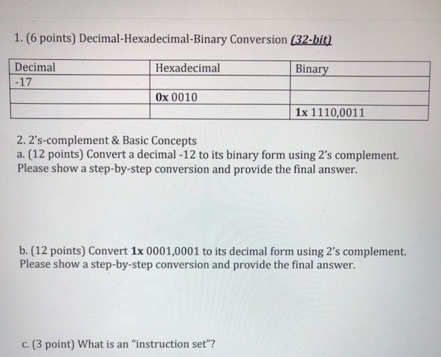 Solved 1. (6 points) Decimal-Hexadecimal-Binary Conversion | Chegg.com