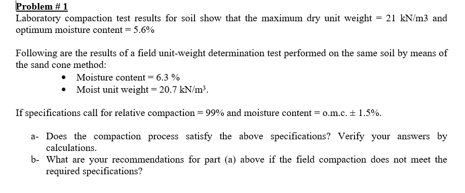 Solved Problem 1 Laboratory Compaction Test Results For