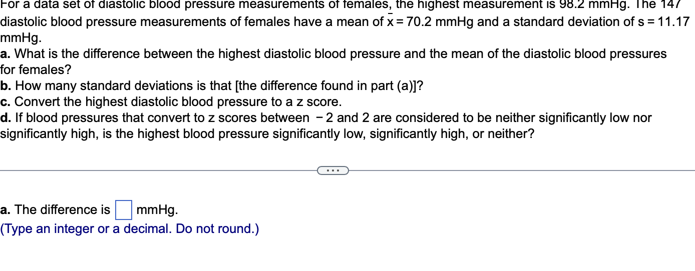 Solved For a data set of diastolic blood pressure | Chegg.com