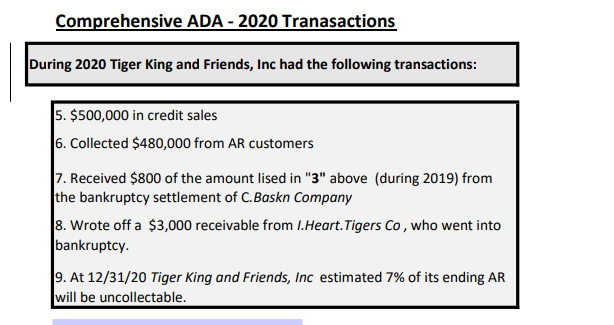 Comprehensive ADA - 2020 Tranasactions During 2020 | Chegg.com