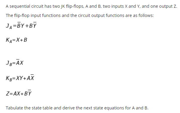 Solved A sequential circuit has two JK flip-flops, A and B, | Chegg.com