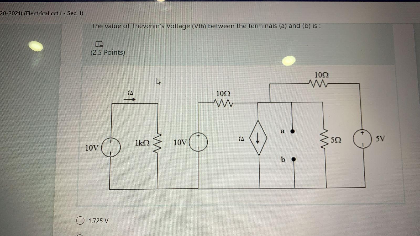 Solved 20-2021) (Electrical cct I - Sec. 1) The value of | Chegg.com