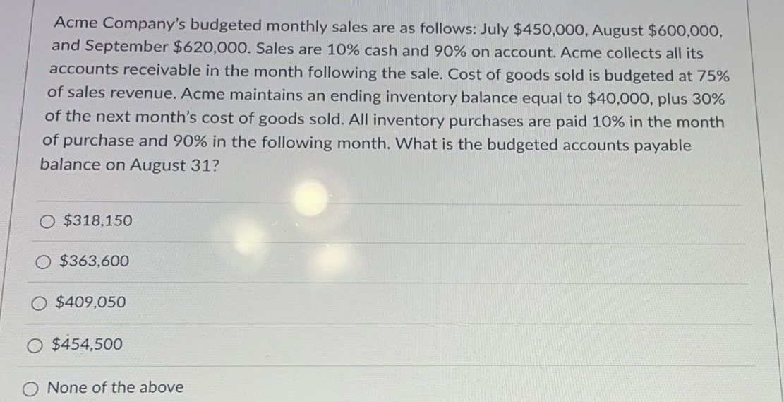 Solved Acme Company's budgeted monthly sales are as follows: | Chegg.com
