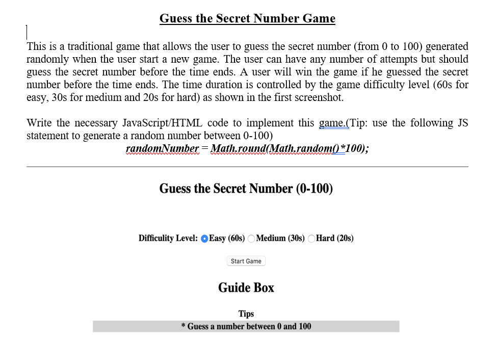 Solved Guess the Secret Number Game This is a traditional | Chegg.com