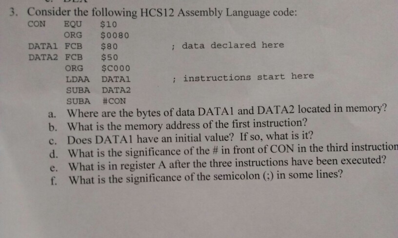 Solved 3. Consider the following HCS12 Assembly Language | Chegg.com