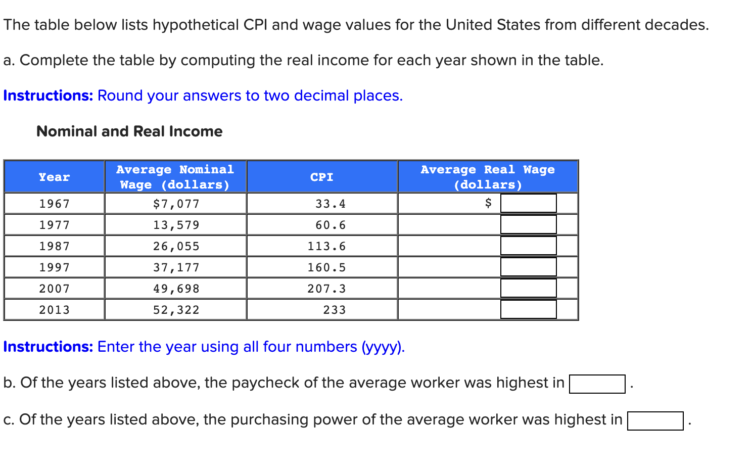 Solved The table below lists hypothetical CPI and wage | Chegg.com