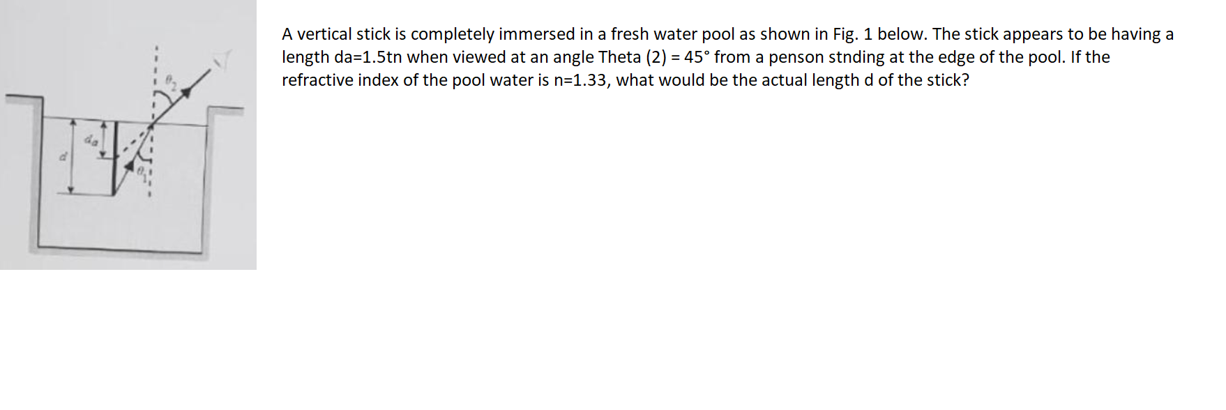 Solved A vertical stick is completely immersed in a fresh | Chegg.com